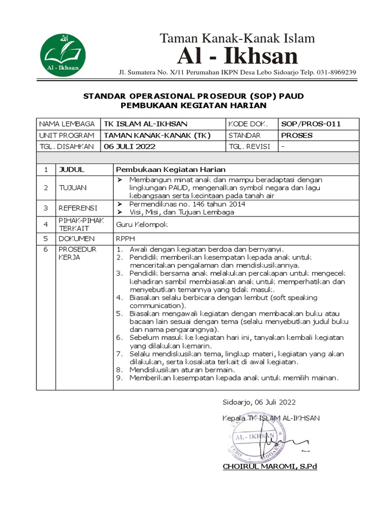 15 Sop Paud Pembukaan Kegiatan Harian PDF | PDF