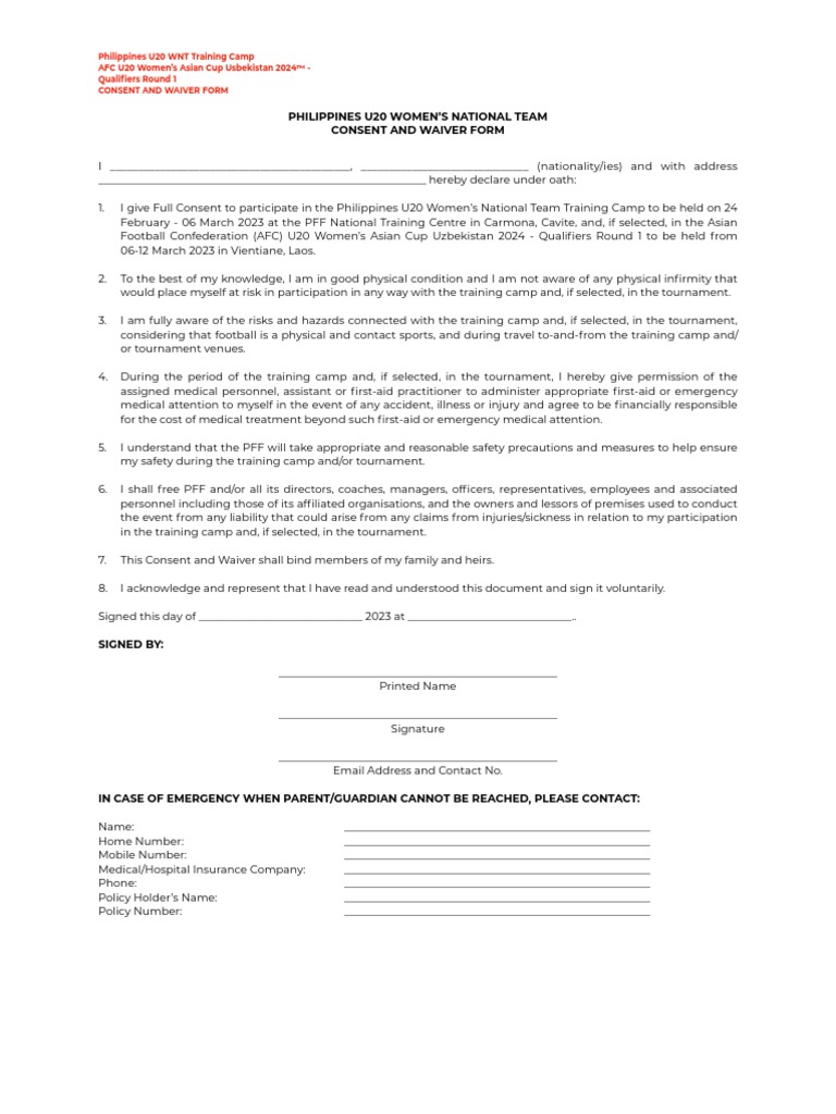 1.2 - Consent and Waiver (Training Camp and Tournament) PDF | PDF