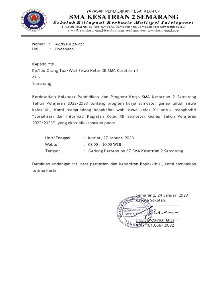 Undangan Sosialisasi Kelas XII SMA 67 | PDF