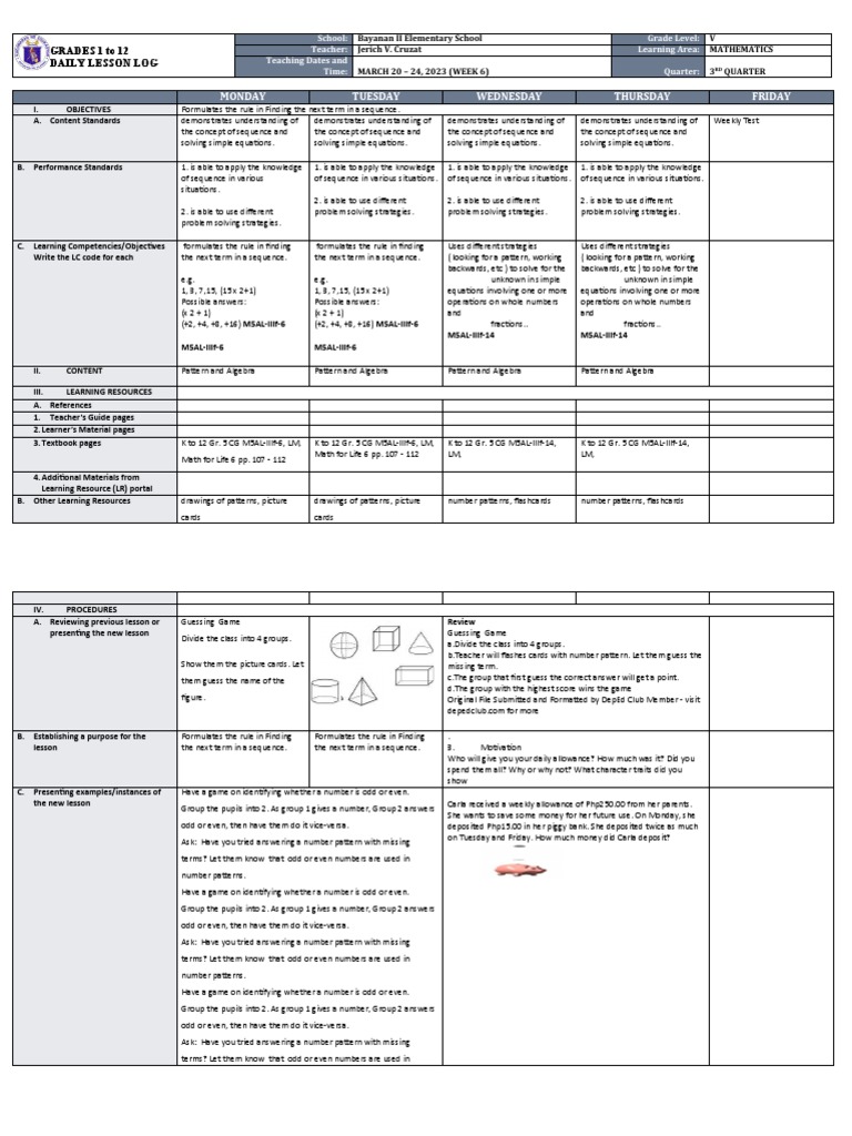 Grade 5 Math Lesson Plan: Sequences | PDF | Flashcard | Cognition