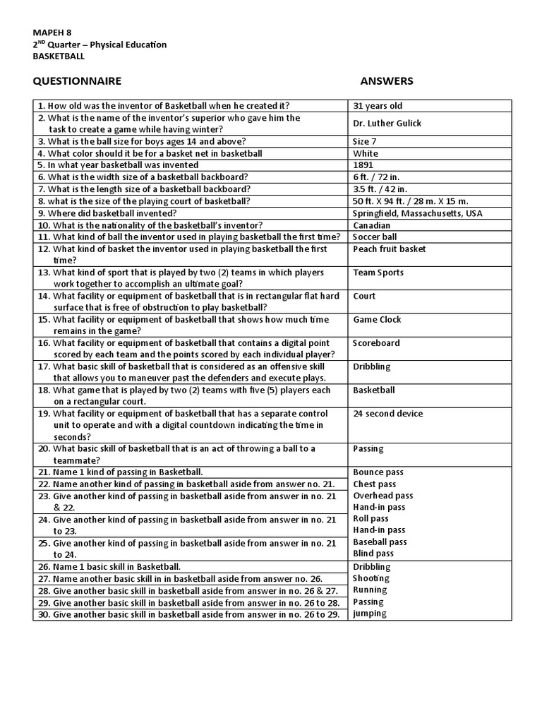 MAPEH 8 Basketball Questionnaire | PDF | Athletic Sports | Team Sports