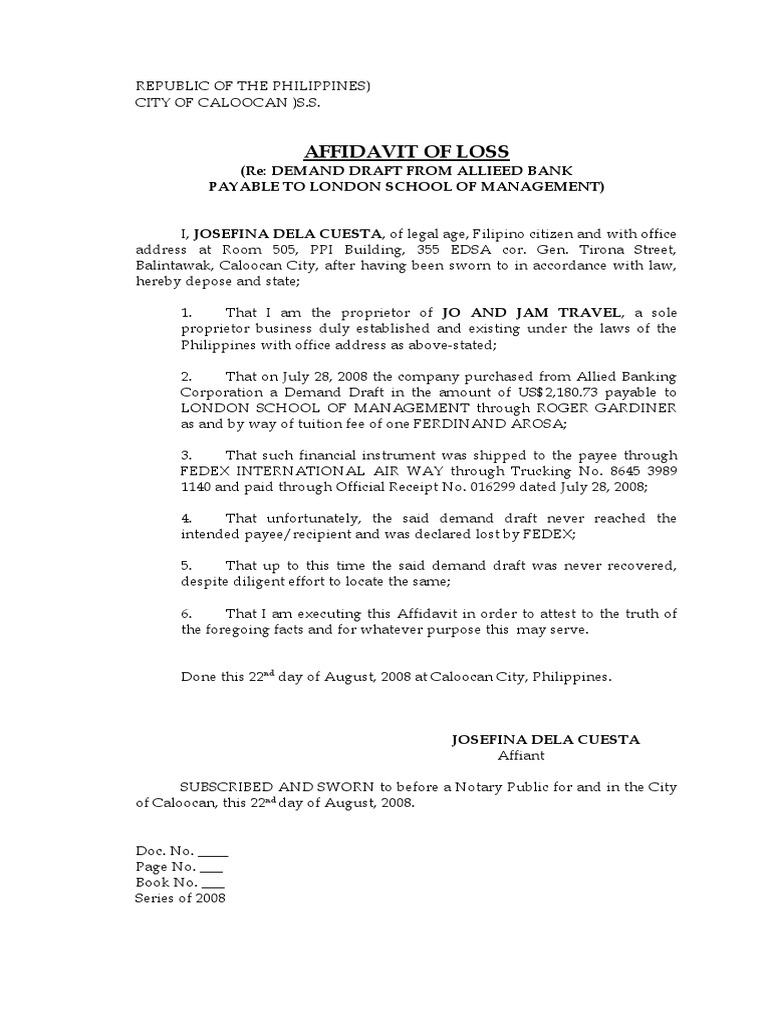 Affidavit of Loss Managers Check | PDF