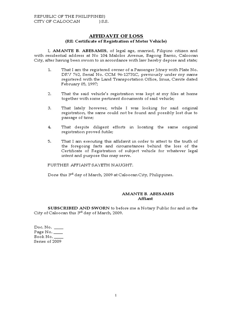 Affidavit of Loss or CR of Motorcycle | PDF
