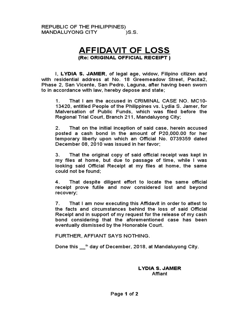 Affidavit of Loss Original Official Receipt For Bail Bond | PDF