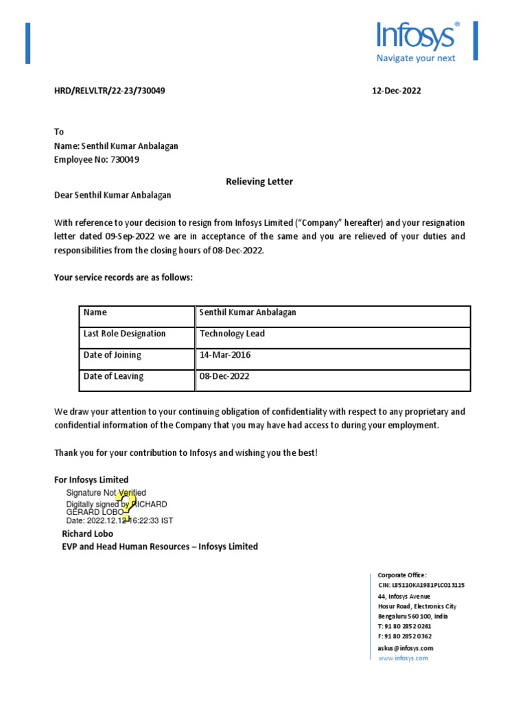 Relieving Letter for Senthil Kumar Anbalagan | PDF