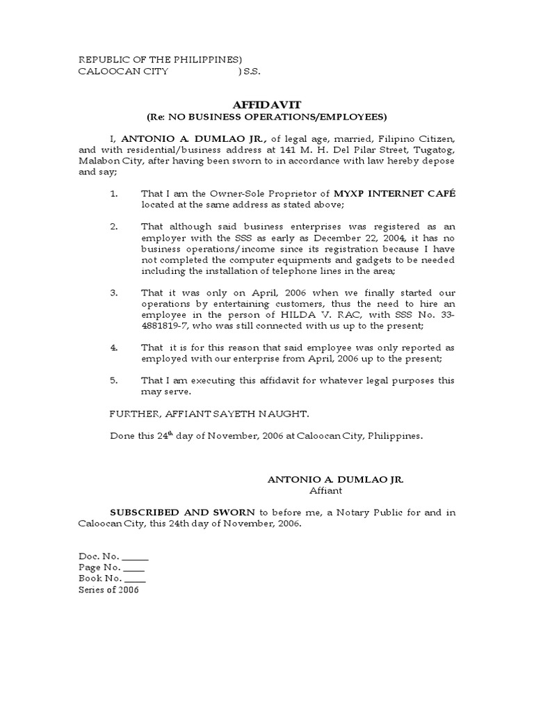 Affidavit of No Employees | PDF