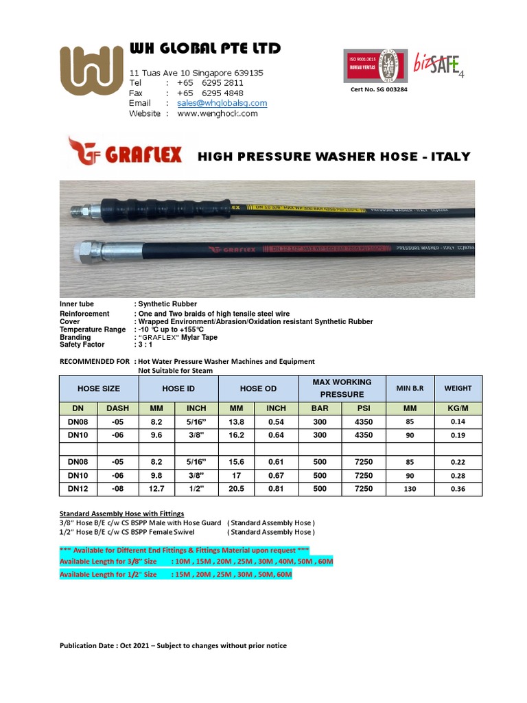 High Pressure Washer Hose Specifications | PDF