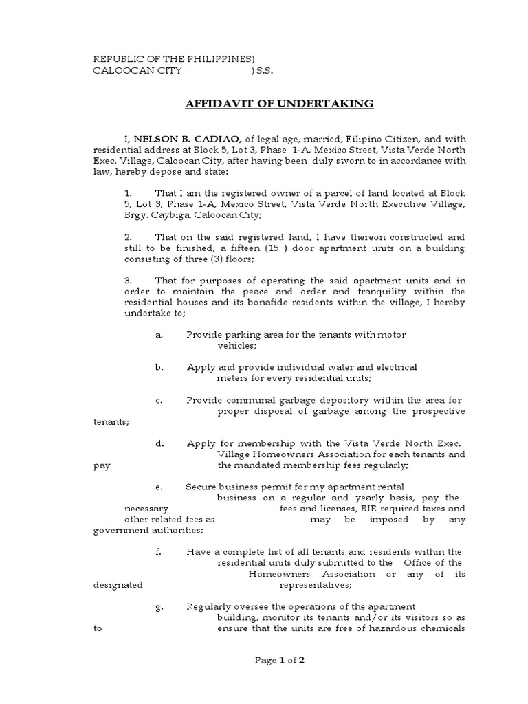 Affidavit of Undertaking for Apartment Operation | PDF | Affidavit ...
