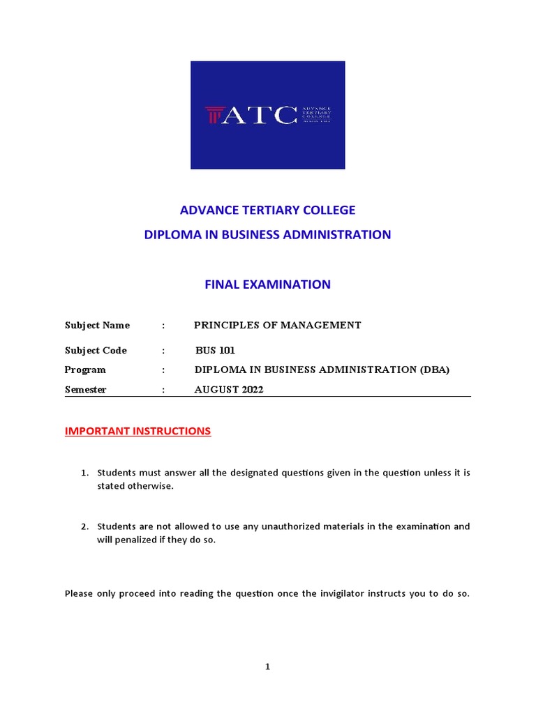 Question Paper - Final Examination - Introduction To Business | PDF | Leadership | Goal