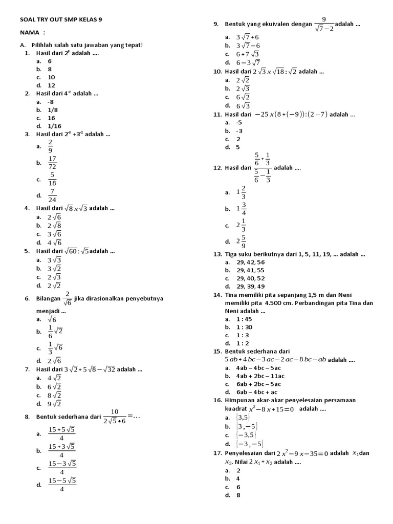 Soal Try Out SMP Kelas 9 | PDF
