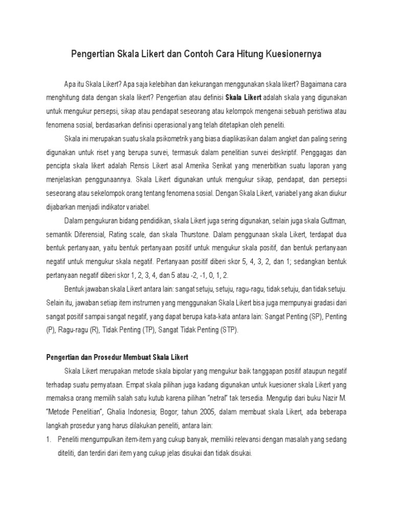 14 - Pengertian Skala Likert Dan Contoh Cara Hitung Kuesionernya - PDF ...