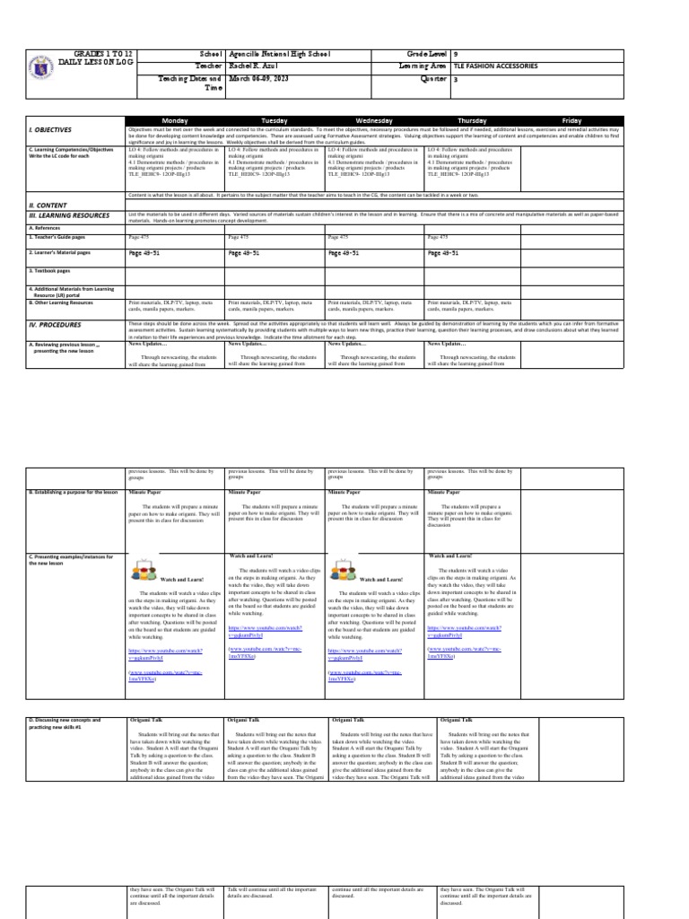 DLL - Tle - Fa Q3 WK 4 | PDF | Learning | Origami