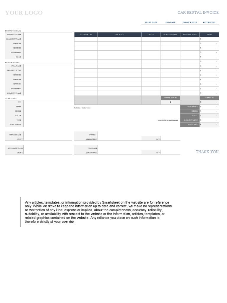 Rental Car Invoice: Document Providing Details of Rental Car, Including ...