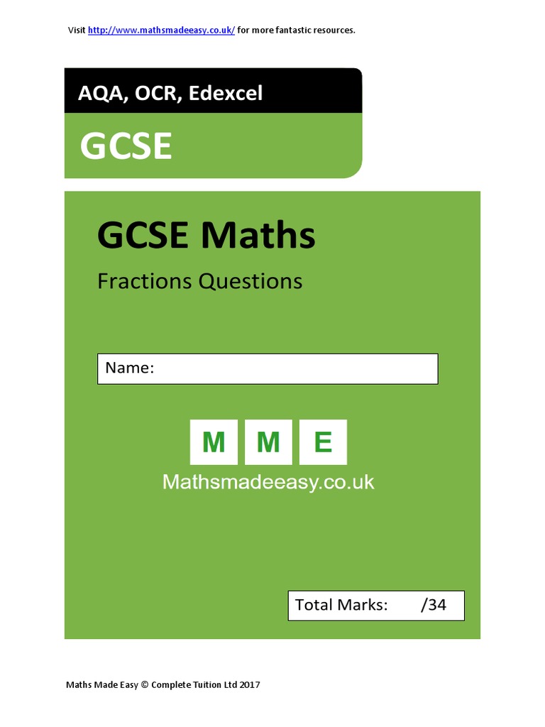 Gcse Maths Fractions Worksheet Questions Pdf