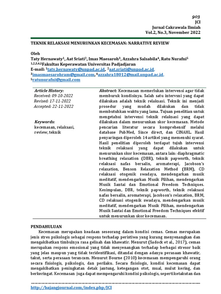Jurnal Teknik Relaksasi Menurunkan Kecemasan | PDF