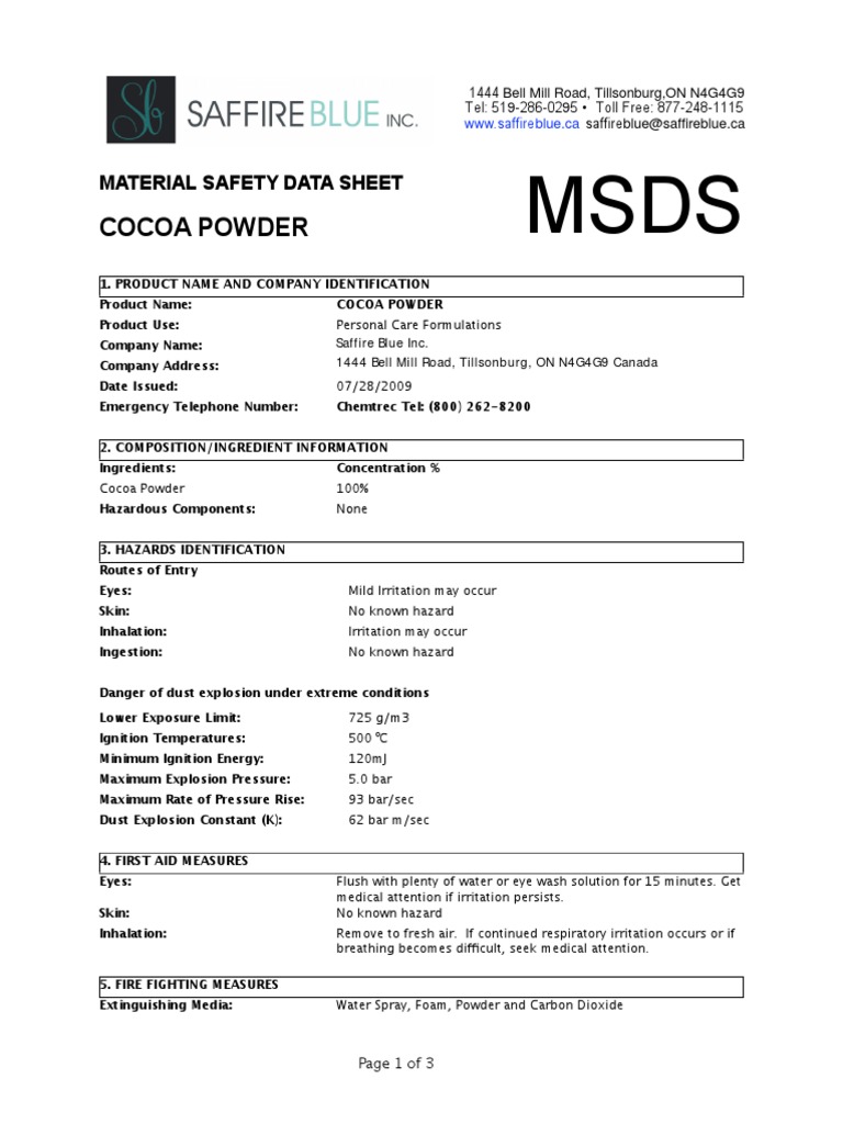 Cocoa Powder MSDS | PDF | Firefighting | Hazards