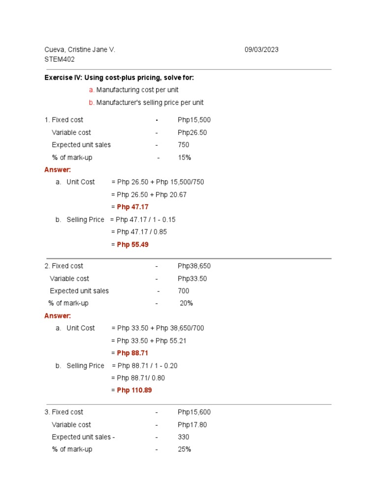 STM402-Exercises - Cost-Plus Pricing | PDF | Cost | Business