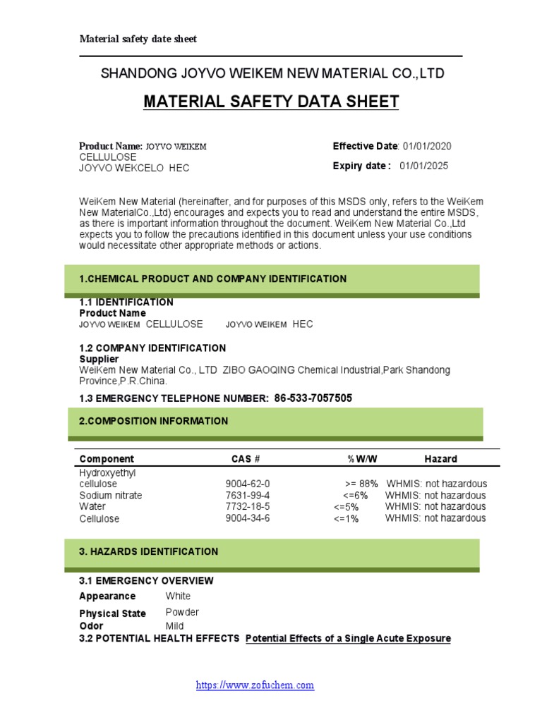 JOYVO WEIKEM Cellulose MSDS | PDF | Firefighting | Personal Protective ...