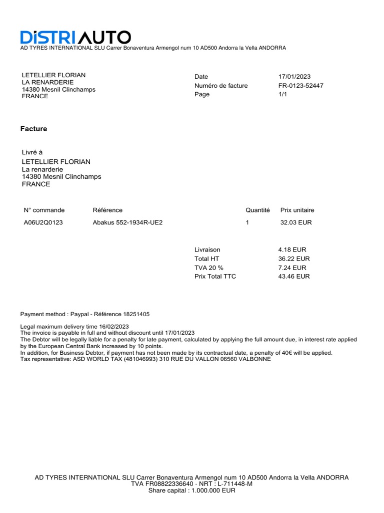 Invoice for AD Tyres International SLU | PDF