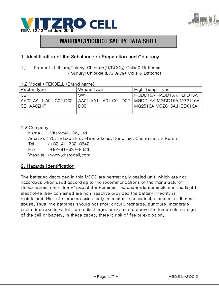 Material Safety Data Sheet for Lithium/Thionyl Chloride Batteries | PDF ...