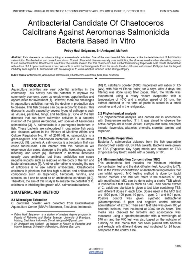Antibacterial Candidate of Chaetoceros Calcitrans Against Aeromonas Salmonicida Bacteria Based ...