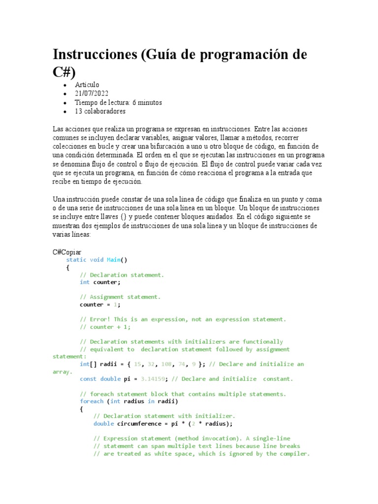 Instrucciones Pdf C Sharp Lenguaje De Programación Poco