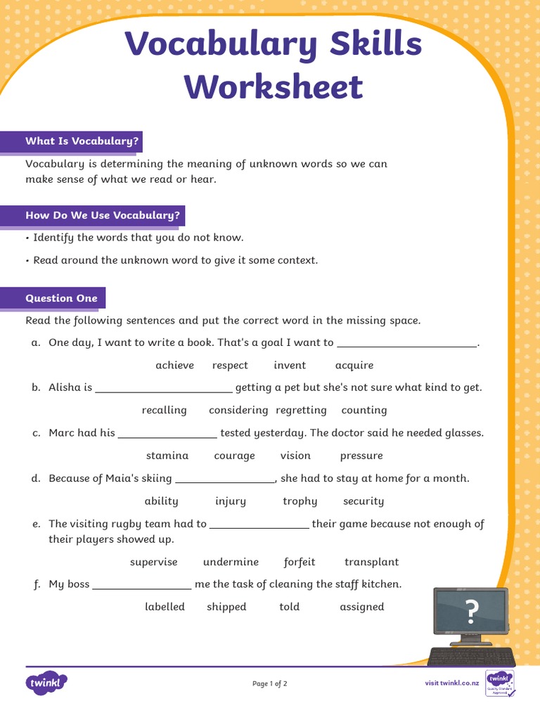 Activity Sheets - Vocabulary Skills Worksheet | PDF | Vocabulary Activity Sheets - Vocabulary Skills Worksheet | PDF | Vocabulary