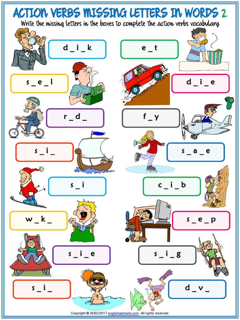 Action Verbs Vocabulary Esl Missing Letters in Words Worksheets For Kids (3) - Removed - Removed ...