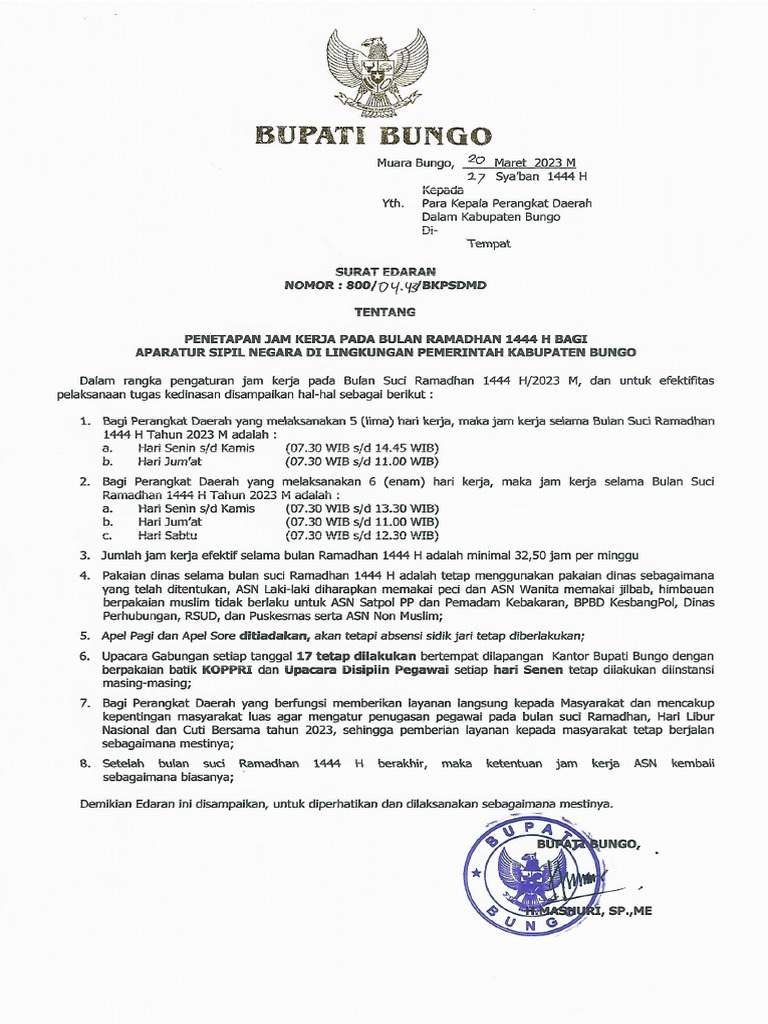 SE Jam Kerja Selama Ramadhan 1444 H Bagi ASN PDF | PDF