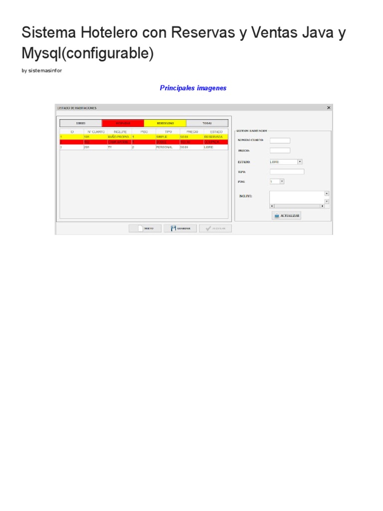Sistema Hotelero Con Reservas y Ventas Java y Mysql (Configurable) - SISTEMASINFOR | PDF | Mi ...