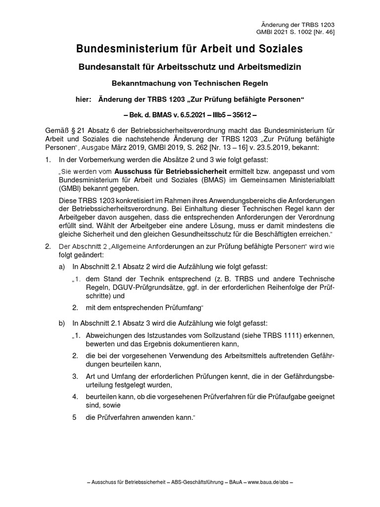 TRBS 1203 Aenderungen | PDF