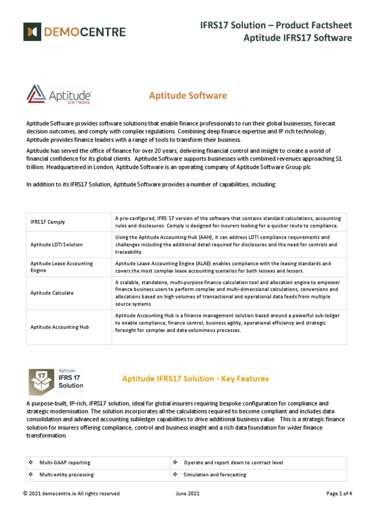 Aptitude Software IFRS 17 Solution Factsheet June 2021 | PDF | Insurance | Regulatory Compliance