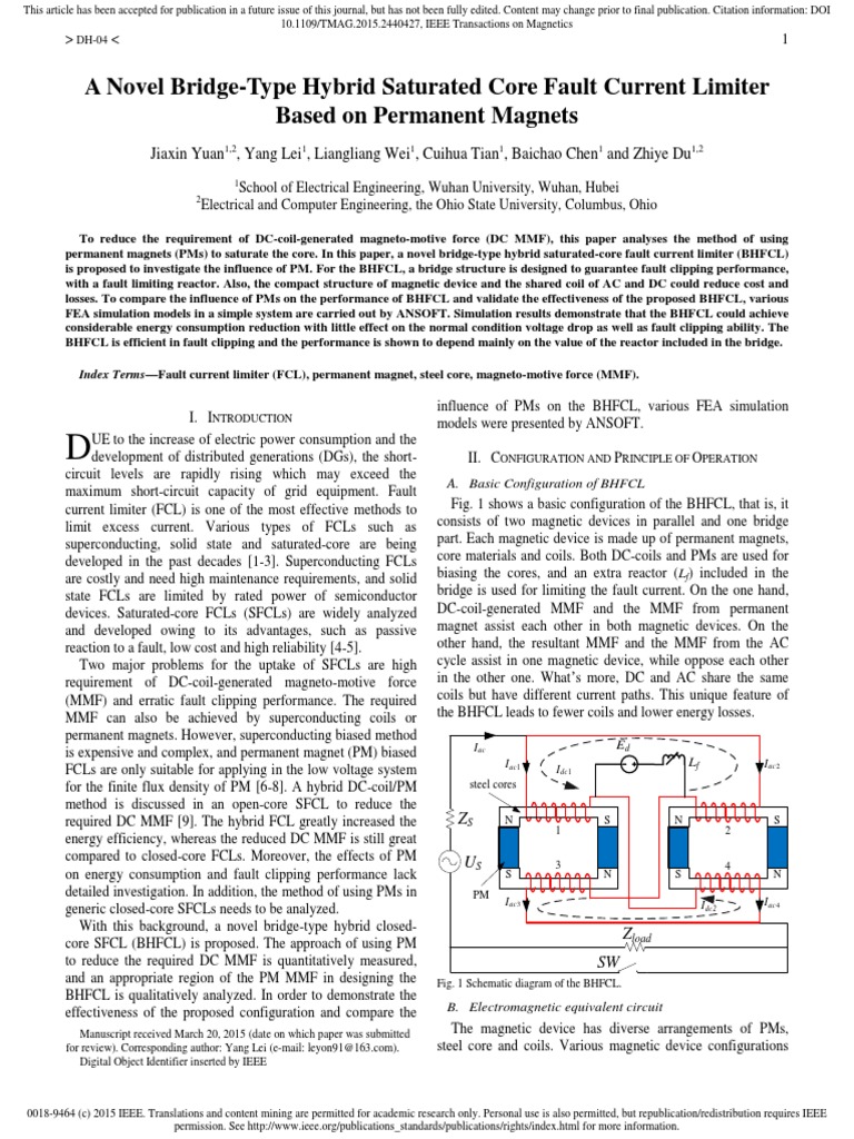 A Novel Bridge-Type Hybrid Saturated Core Fault Current Limiter Based On Permanent Magnets | PDF ...