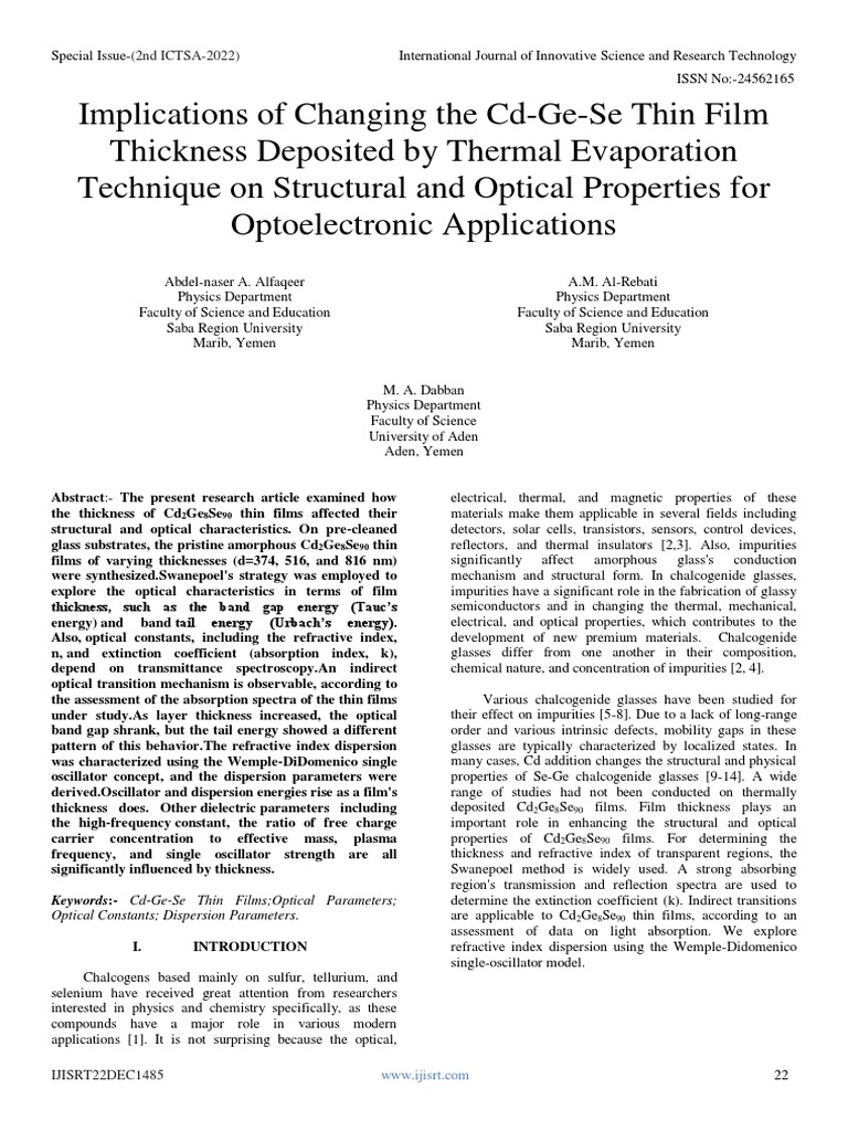 Implications of Changing The CD-Ge-Se Thin Film Thickness Deposited by ...