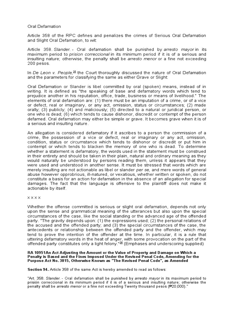 Oral Defamation | PDF | Defamation | Applied Ethics