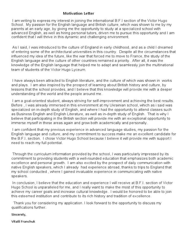 Motivation Letter | PDF | Motivation | Motivational