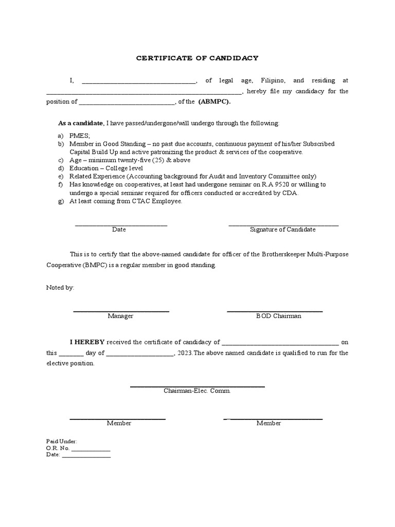 Certificate of Candidacy for BMPC Officer | PDF | Business | Finance ...