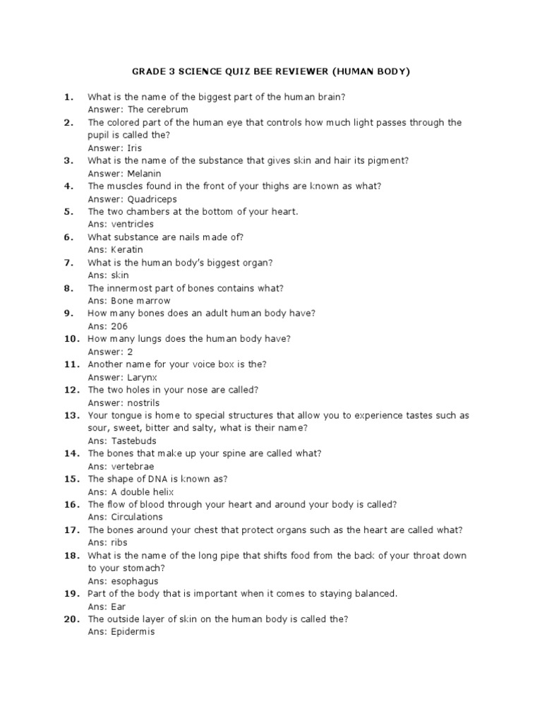 Grade 3 Human Body Quiz Bee Reviewer | PDF