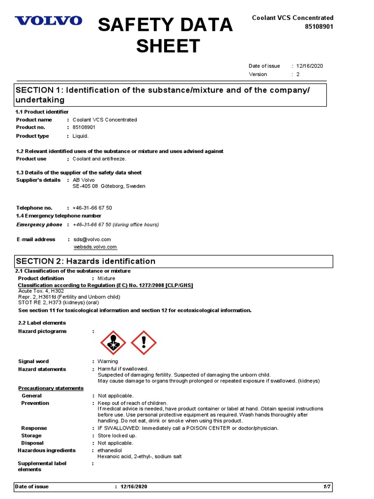 Volvo Vcscoolant Msds | PDF | Physical Sciences | Safety