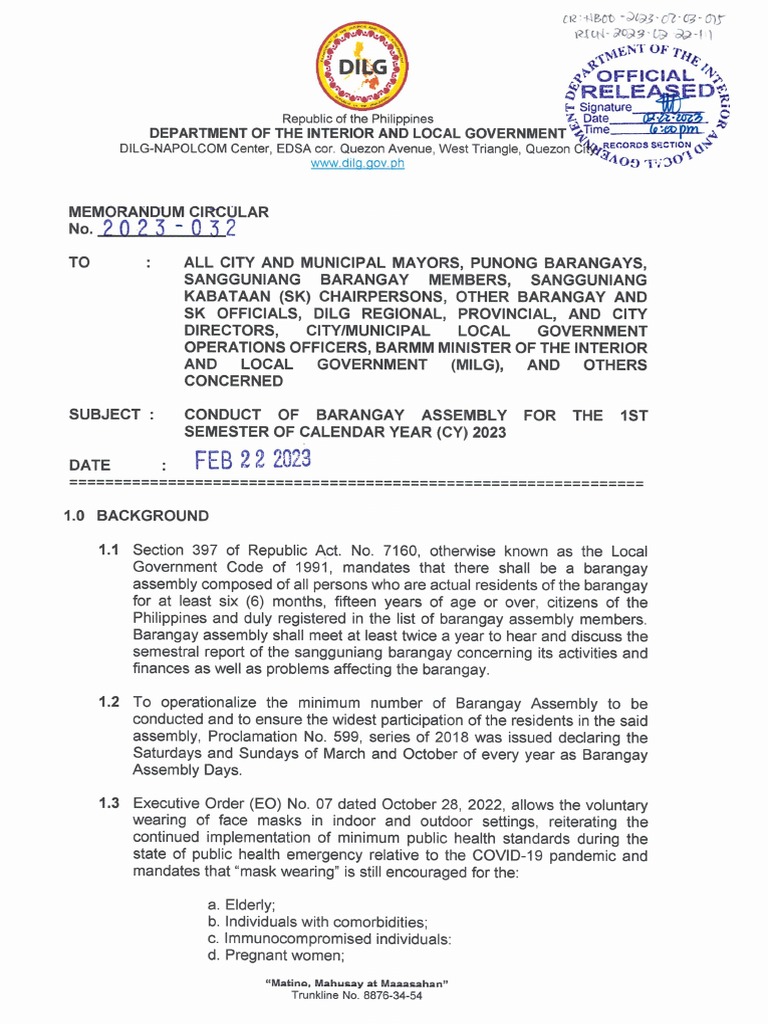 DILG MC 2023 032 22 Feb 23 Conduct of Barangay Assembly For The 1st ...