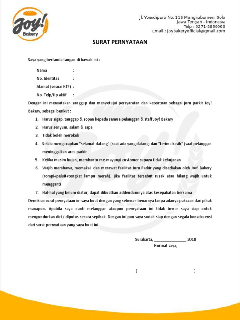 Surat Pernyataan Juru Parkir Joy! Bakery | PDF