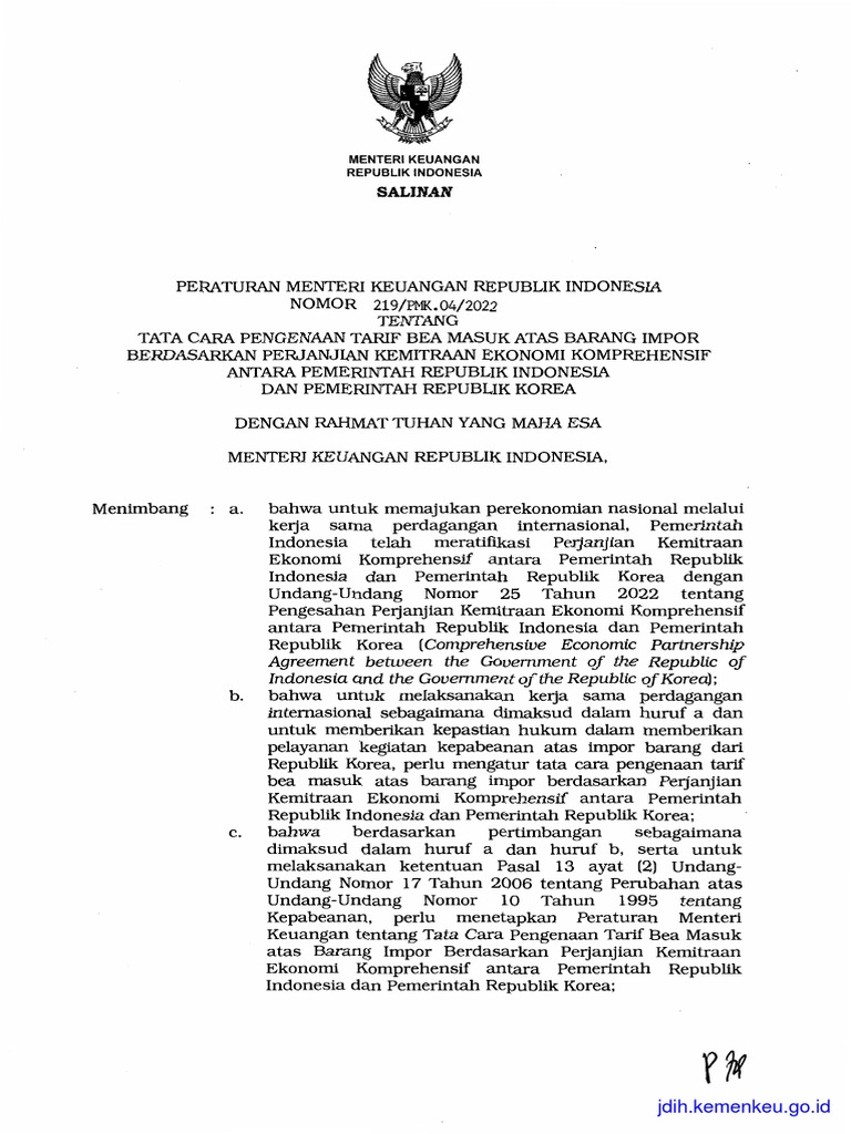 219 - PMK.04 - 2022per Tata Cara Pengenaan BM IK CEPA PDF | PDF
