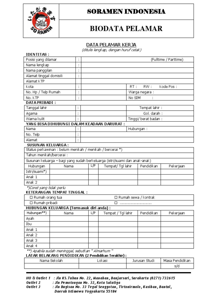 Form Data Diri Pelamar Kerja Soramen - Lengkap | PDF
