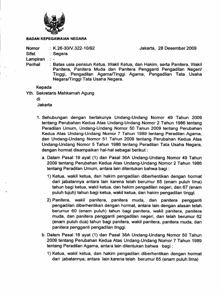 Surat Kepala BKN Nomor K.26-30 V.322-10 92@bup Ketua Wakil Ketua Dan Hakim Serta Panitera Wakil ...