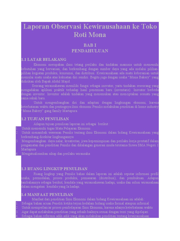 Laporan Observasi Kewirausahaan Ke Toko Roti Mona | PDF | Karier & Perkembangan | Pengembangan Diri