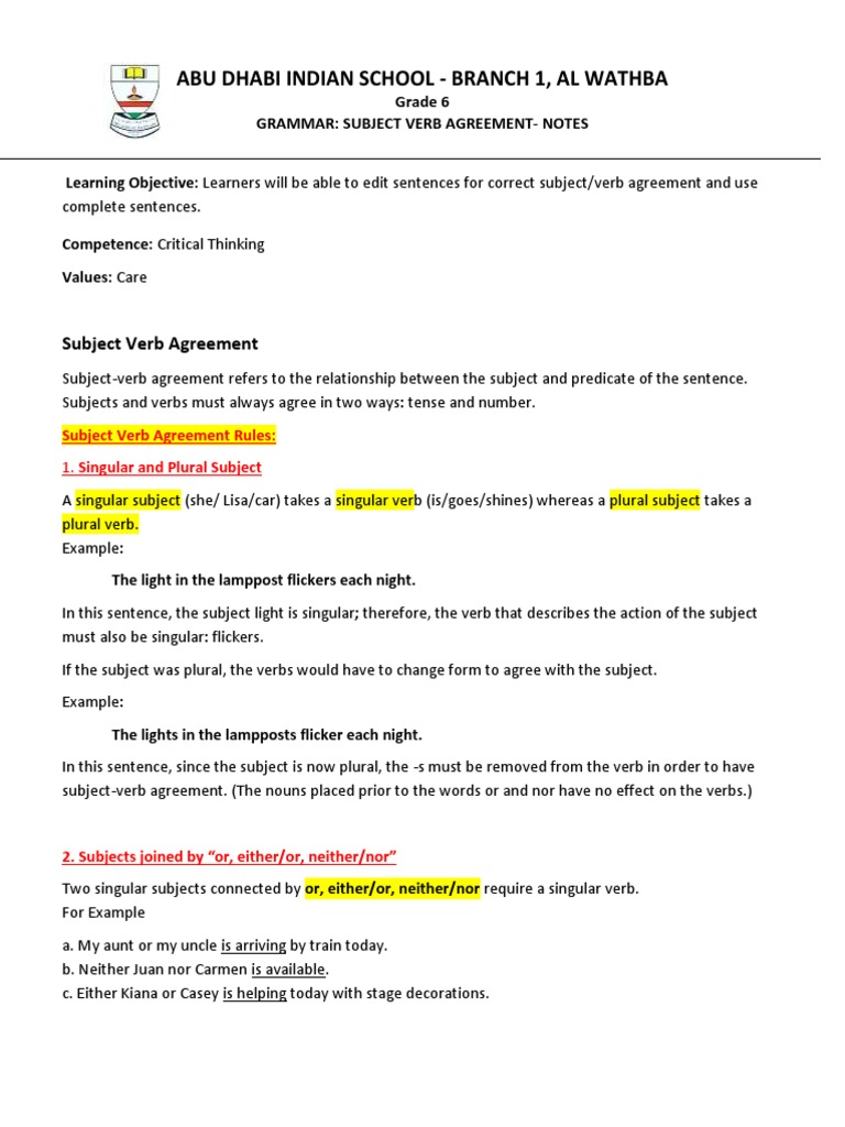 Subject Verb Agreement - Notes PDF | PDF | Grammatical Number | Subject ...