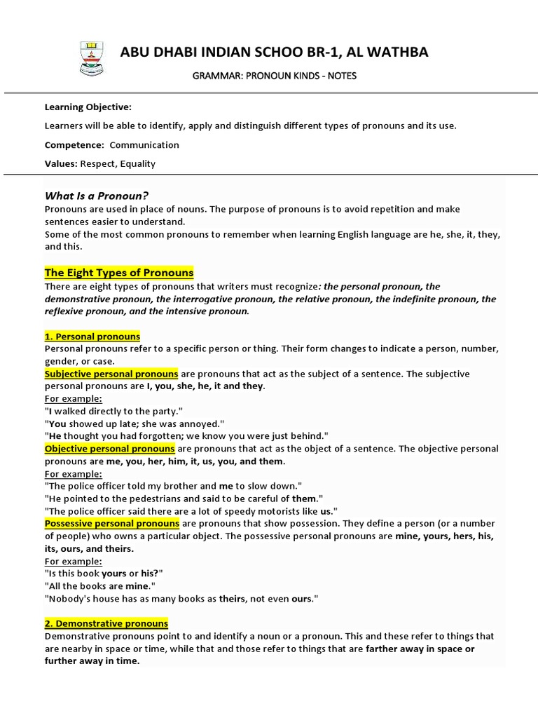 Pronoun Kinds - Notes | PDF | Pronoun | Grammatical Number