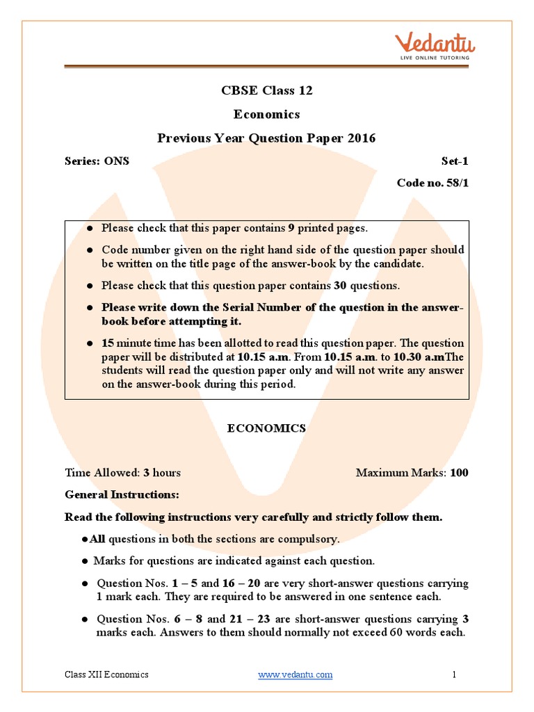 CBSE Class 12 Economics Paper 2016 | PDF | Demand | Monopoly