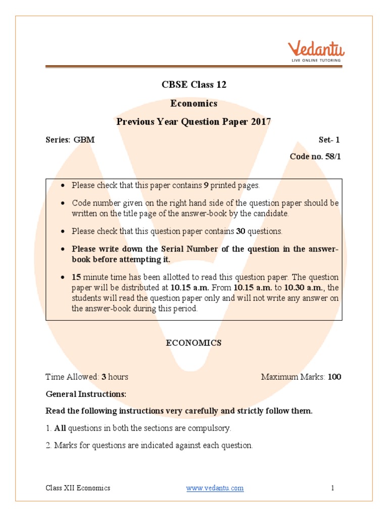 CBSE Class 12 Economics Question Paper 2017 PDF | PDF | Demand ...