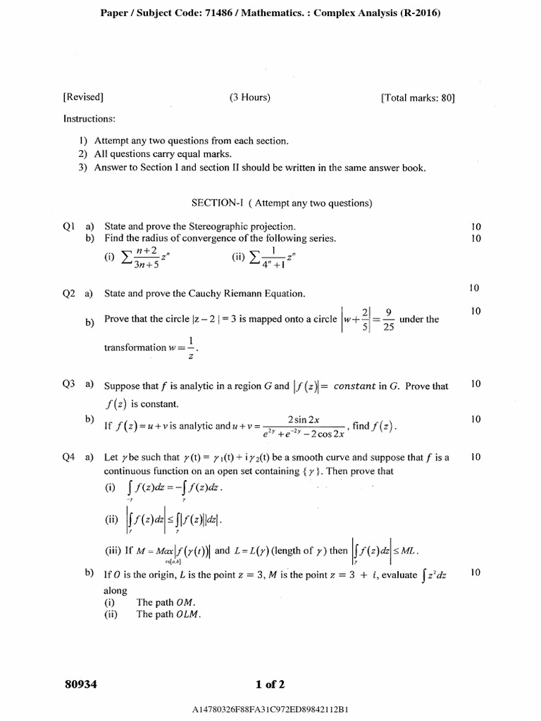 MSC Part 1 Complex Analysis Oct 2022 | PDF | Mathematical Concepts | Analysis